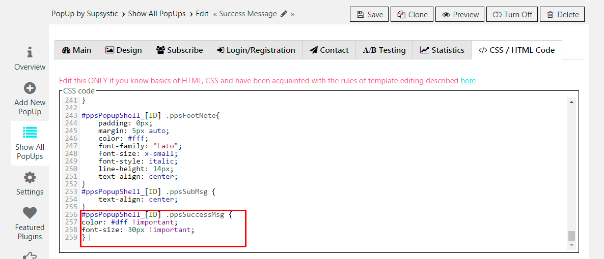 Change PopUp Success Message Color and Size. CSS Window Code